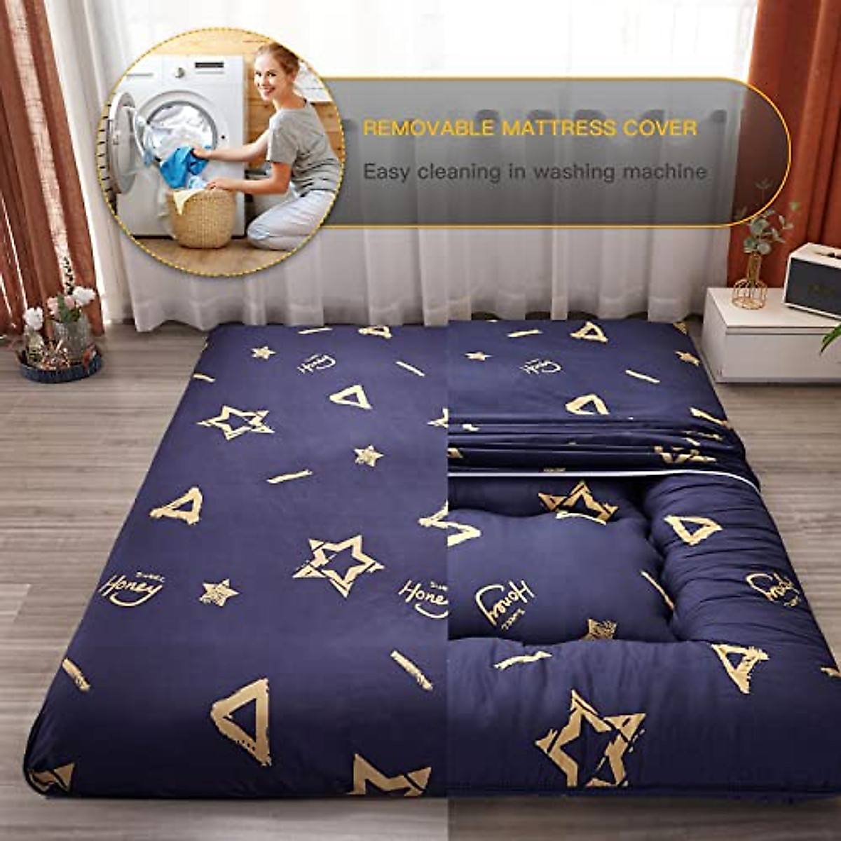 Heimorn Japanese Floor Mattress, Japanese Futon Mattress, Shikibuton Foldable & Portable Camping Mattress with Washable Cover, Star Full-XL