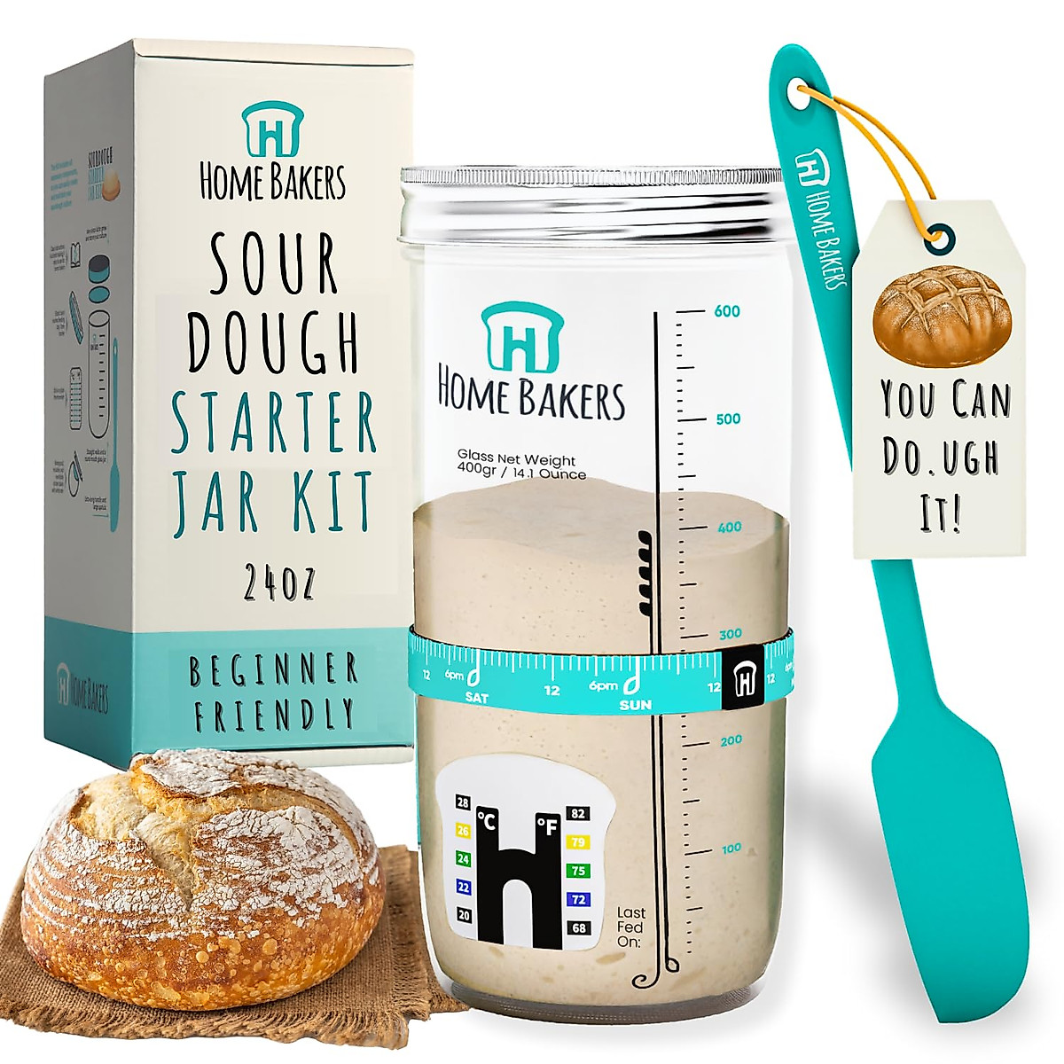 Ameeze Premium Sourdough Starter Jar Kit - 24oz Wide Mouth Glass Jar with Feeding Tracker, Thermometer, Silicone Scraper, and Airtight Lid - Complete Kit for Easy Artisan Bread Baking