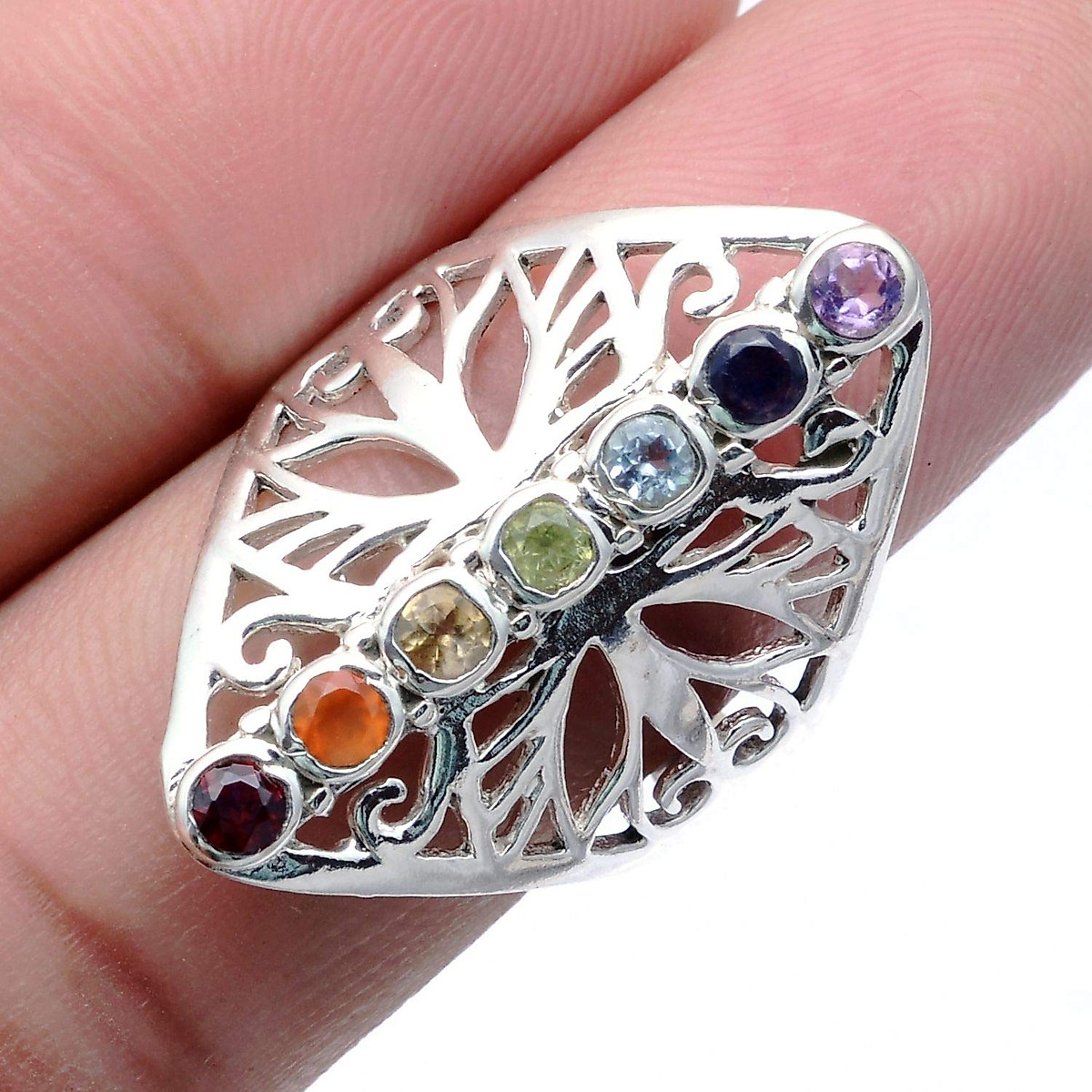 Silver Palace Healing Chakra Gemstone 925 Sterling Silver Long Finger Ring For Women Ring Size 5 to 12
