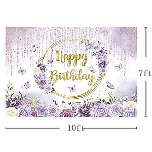 MEHOFOND 10x7ft Spring Purple Floral Happy Birthday Backdrop Girl Violet Dripping Glitter Bday Photography Background Princess Bday Party Banner Cake Smash Gold Spots Vinyl Decor Photo Studio Prop