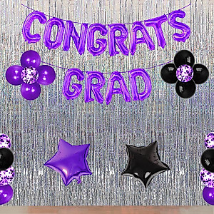 Purple Themed 2024 Graduation Decorations, Purple Congrats Grad Banner with Black Purple Latex and Fiol Star Balloons for Purple Congrats Grad Graduation Class of 2024 Party Decorations