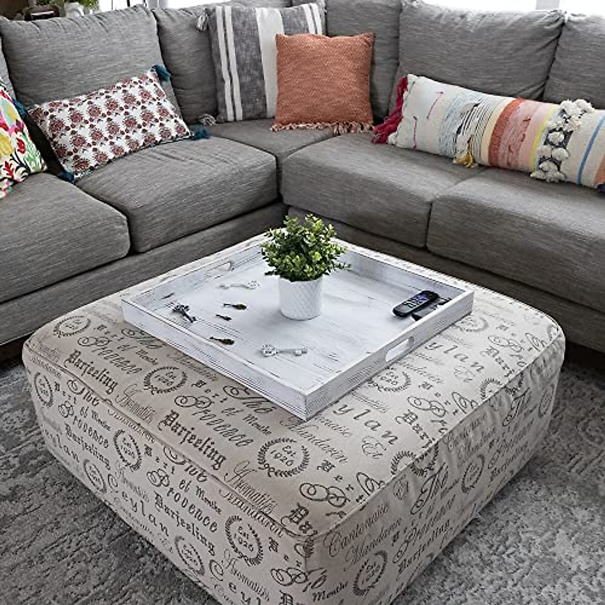 Hanobe Square Large Ottoman Tray: Extra Large Serving Tray with Handles Rustic Wood Whitewash Decorative Coffee Table Trays Farmhouse Home Decor for Living Room Kitchen Counter 24" x 24"