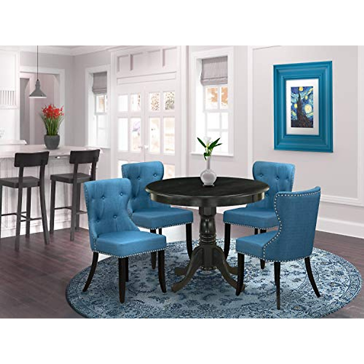 East West Furniture ANSI5-ABK-21 5 Piece Kitchen Table & Chairs Set Includes a Round Room Table with Pedestal and 4 Blue Linen Fabric Parsons Dining Chairs, 36x36 Inch, Wirebrushed Black