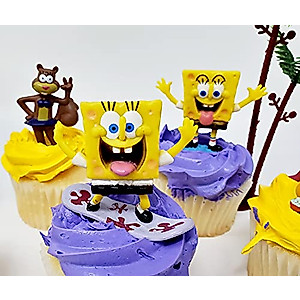 Spongebob Squarepants 11 Piece Birthday Cupcake Topper Set Featuring 2" to 3" Cupcake Toppers of Squidward, Sandy Cheeks, Patrick Star, Mr. Krabs, Plankton, Gary and More