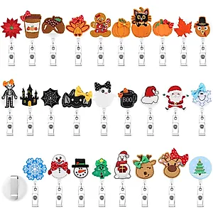 Barydat 27 Pcs Halloween Fall Badge Reel Retractable Felt Badge Reels Thanksgiving Christmas Acrylic Badge Holder Ghost Bat Pumpkin ID Name Holder with Clip for Nurse Doctor Teacher Gifts