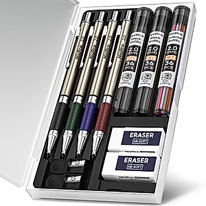 Nicpro 4 PCS Premium 2.0 mm Mechanical Pencils Set, 108 Colored & Black (HB 2B) Lead Refills, Art Metal 2mm Carpenter Pencil with 2 Erasers, 2 Sharpeners for Drafting Sketching Drawing with Case