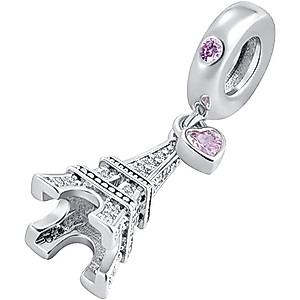MZC Jewelry Eiffel Tower Love to Travel Charm for European Pandora Bracelets Pink Crystal Heart Dangle Bead for Women Mom Sister Family Holiday