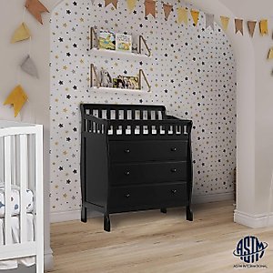 Dream On Me Marcus Changing Table And Dresser In Black, Features 3 Spacious Drawers, Non-Toxic Finishes, Comes With 1" Changing Pad, Made Of Solid Wood