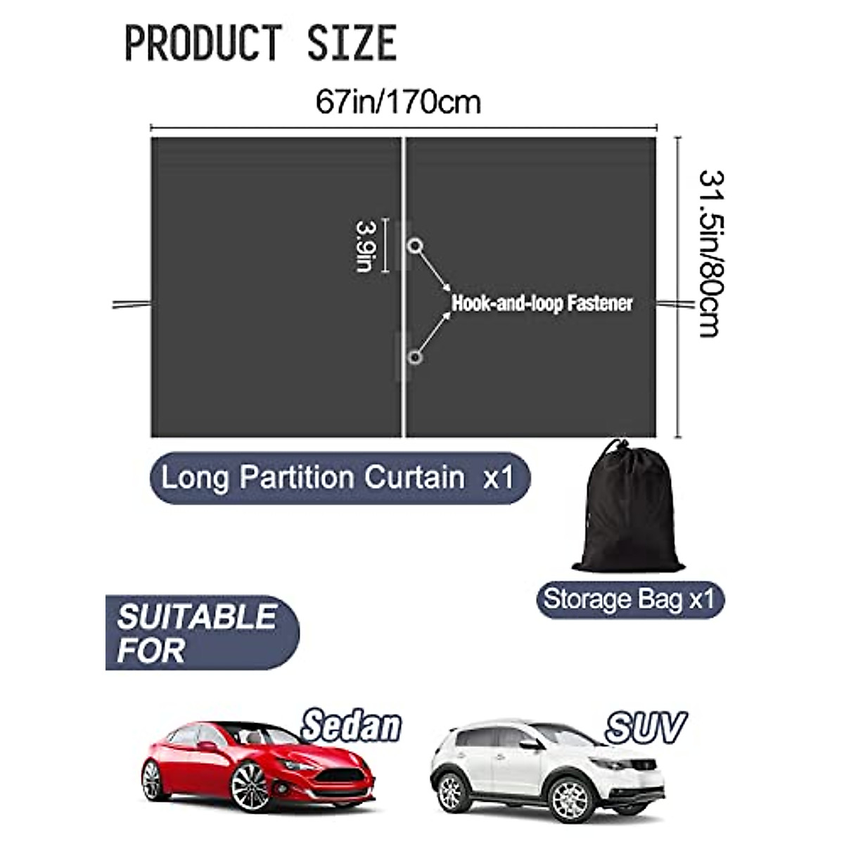 Car Divider Curtain - Wide Car Privacy Blackout Shades with Storage Bag for Baby Nap, Removable Sedan SUV Van Sunshade Covers Screen for Car Camping Sleeping Accessories