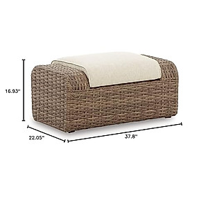 Signature Design by Ashley Sandy Bloom Casual Outdoor Ottoman with Cushion, Dark Brown & Beige