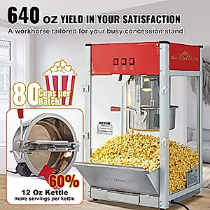 VEVOR Commercial Popcorn Machine, 12 Oz Kettle, 1440 W Countertop Popcorn Maker for 80 Cups per Batch, Theater Style Popper with 3-Switch Control Steel Frame Tempered Glass Doors 1 Scoop 2 Spoons, Red