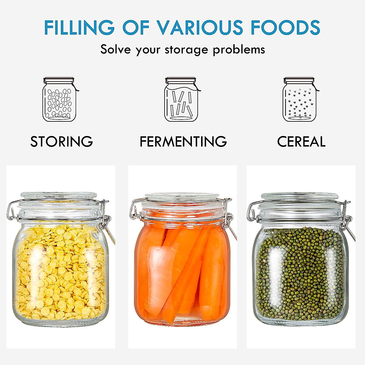 YEBODA 32oz Food Storage Canister Glass Jars with Clamp Airtight Lids and Silicone Gaskets for Multi-Purpose Kitchen Containers - Clear Square (3 Pack)