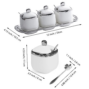 Fvstar Ceramic Sugar Bowls 3pcs Porcelain Seasoning Pots with Spoons,Lid and Tray Kitchen Spice Canister Jar Set Countertop Condiment Container for Sugar,Pepper,Coffee,Spice,Salt (White)
