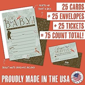 Koko Paper Co Enchanted Woodland Baby Shower Invitations and Diaper Raffle Tickets | 75 Count: 25 Fill-in Invitations, 25 Bright White Envelopes and 25 Diaper Raffle Tickets | Heavy Card Stock