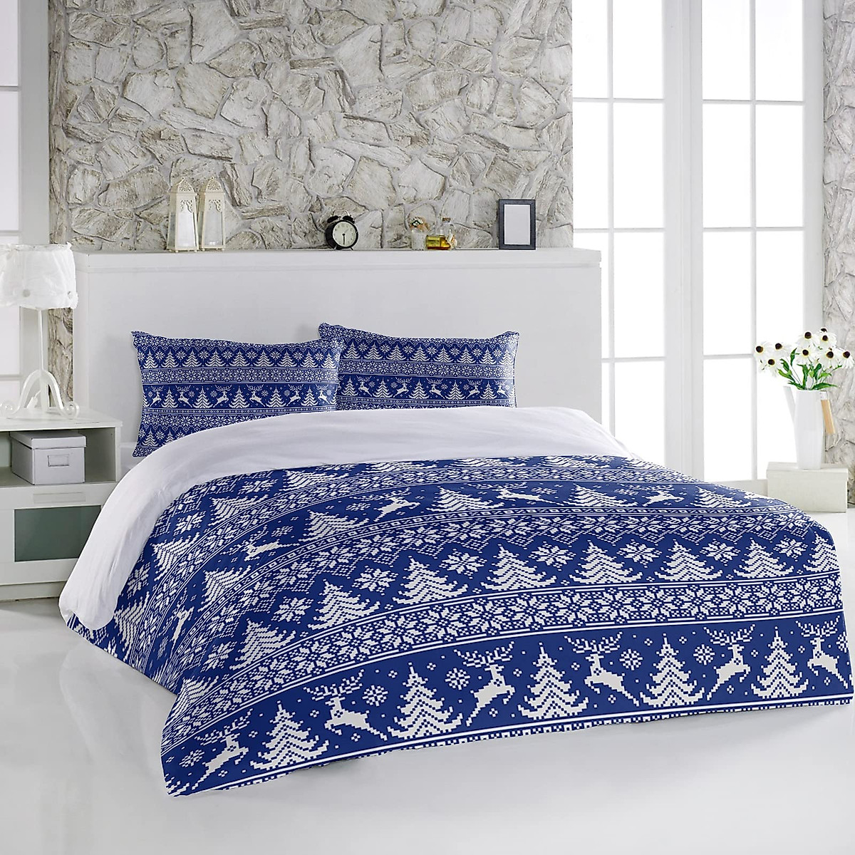 3 Pieces Twin Bedding Duvet Covers Set Winter Geometric Xmas Tree Reindeer Soft Quilt Cover and Pillow Shams, Comforter Cover Sets with Zipper Closure for Bedroom Decor Christmas Ethnic Red Blue