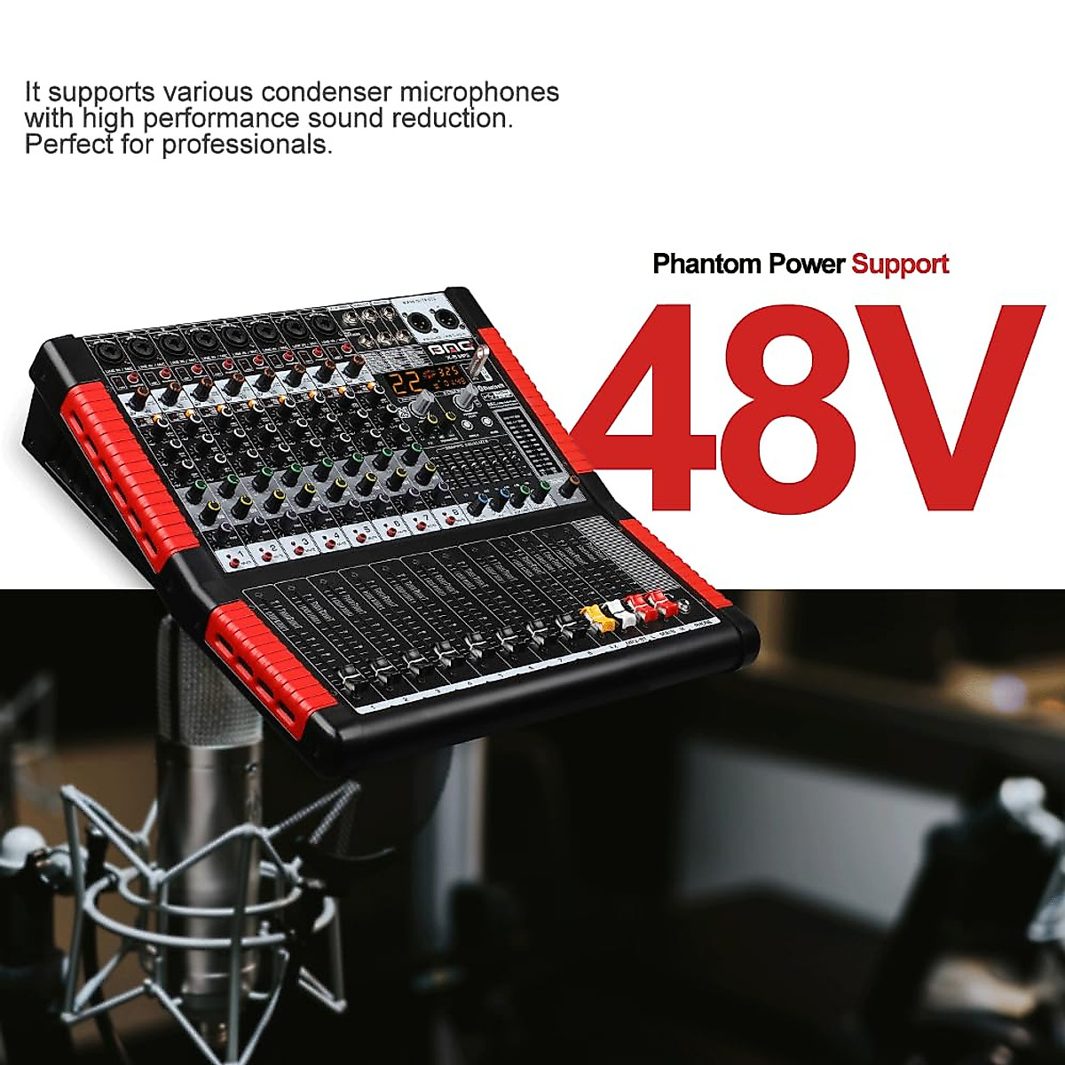 BOMGE X-8 Professional 8 Channel Audio Mixer Sound Board Mixing Console 8 Mic/Line Input Interface USB/MP3/Bluetooth Input 48V Phantom Power 24 FX DSP For PC, Studio Recording, Live Performance