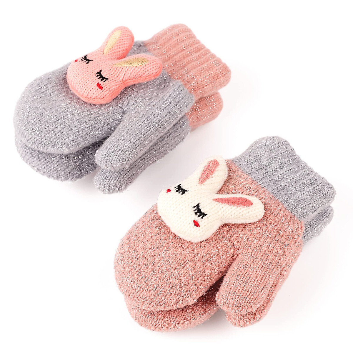 F Flammi 2 Pairs Toddler Mittens for Baby Boys Girls Winter Sherpa Lined Warm Knit Mittens Cartoon Bunny Kids Gloves (1-3 Years)