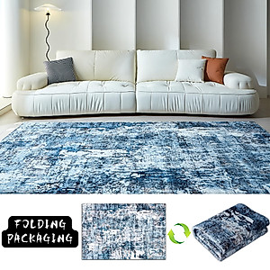 Rugcomf 8x10 Rug Washable Boho Rug Soft Large Area Rug Non-Slip Non-Shedding Faux Wool Vintage Rug for Living Room, Farmhouse, Dining Room, Indoor, Kids Playroom, Blue