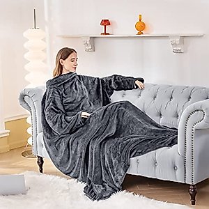RUIKASI Comfy Wearable Blanket with Sleeves - Soft Fleece Snuggle Blanket with Arms for Women Men Adult, Cozy Warm Fuzzy Flannel Blanket with Foot Pocket for Bed Couch Sofa Winter Gift, Grey