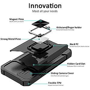Nvollnoe for iPhone 12/12 Pro Case with Sliding Camera Cover and Card Holder Heavy Duty Protective iPhone 12 Case with Ring Magnetic Kickstand Phone Case for iPhone 12/12 Pro(Black)