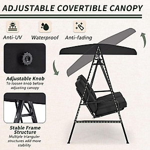 AECOJOY Outdoor Patio Swing Chair for Adults, 2-Seat Porch Swings with Adjustable Canopy, Outside Swing Bench with Removable Cushion, Suitable for Backyard, Garden, Yard, Poolside, Balcony (Beige)