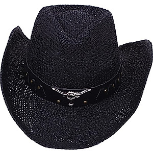 Black Straw Cowboy Hat for Men, Faux Leather, Longhorn, Shapeable Brim