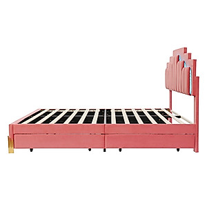YOPTO Queen Size Velvet Upholstered Platform Bed with LED Lights and 4 Storage Drawers, w/Headboard & Slat Supports,Stylish Irregular Metal Bed Legs Design,for Kids Teens Adults,Pink