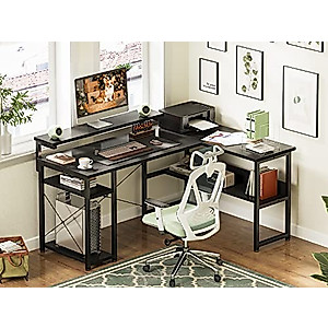 ODK L Shaped Computer Desk, 54" Reversible Corner Computer Desk with Storage Shelves & Monitor Stand, Home Office Desk, Gaming Desk, Writing Desk, Black
