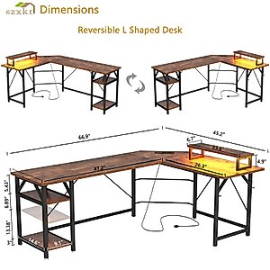 SZXKT L Shaped Gaming Desk with Power Outlets and Monitor Stand, Computer Desk with LED Lights,Home Office Desks Large Writing Study Table Workstation with Hooks Desk for Bedroom, Rustic Brown