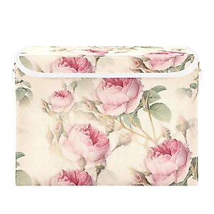Tatenale Collapsible Storage Bins with Lids Decorative Fabric Storage Cubes Closet Organizer and Storage Basket Boxes Containers for Clothes Box Chest Folding Rectangle Pink Rose