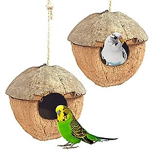 PINVNBY Natural Coconut Bird Hide Nest Hut House Coconut Shell Breeding Bird Nest Coconut Fiber Hanging Birdhouse Cage Habitats Decor for Pet Parrot Budgies Parakeet Lovebird Finch Canary(2 Packs)