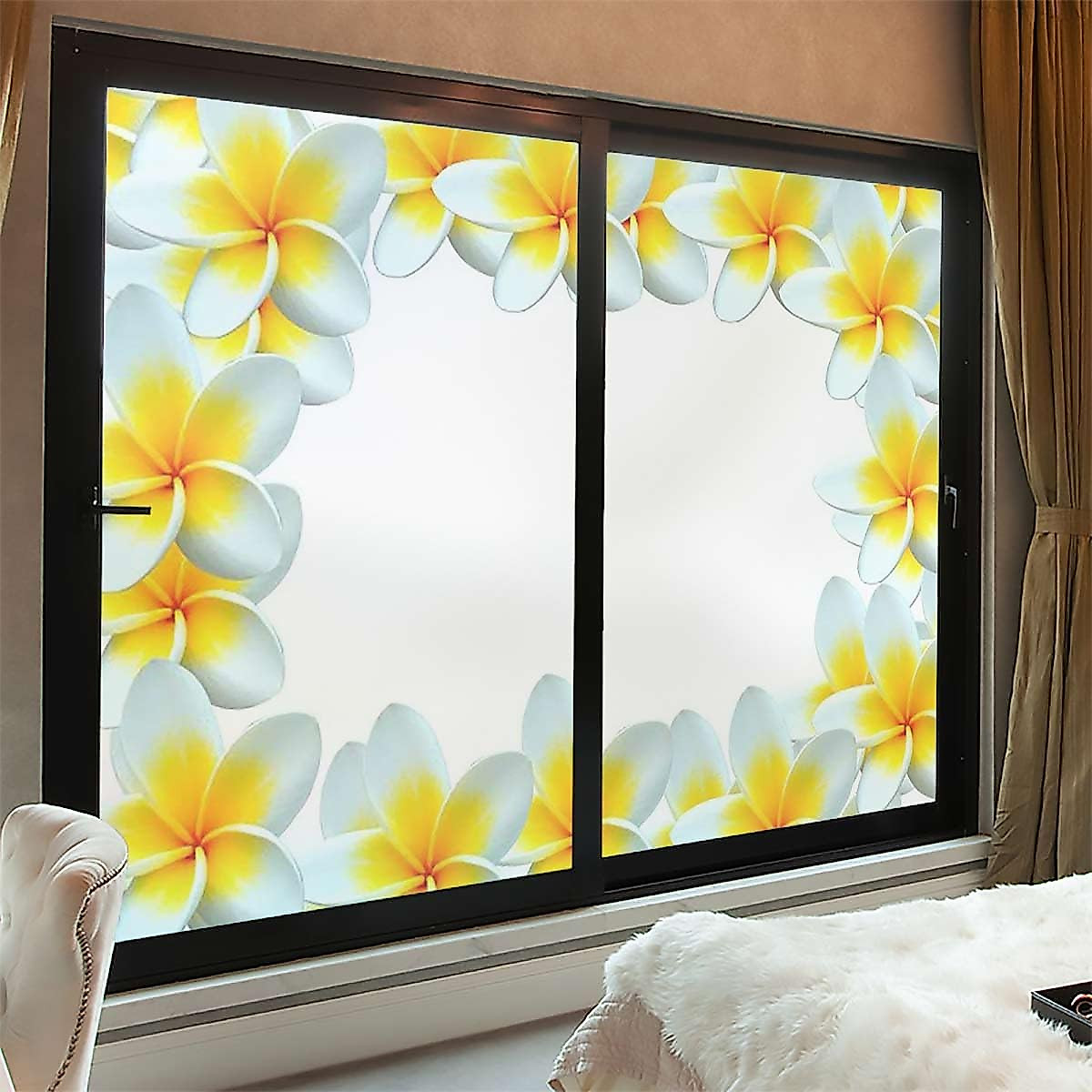 White Yellow Home Window Privacy Film Removable Frosted Glass Window Film for Home, Office, Bedroom, Shower, Hawaiian Frangipani Blossoms Exotic Glass Films 17.7Wx23.6L-inch x2 Pcs
