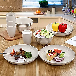 12pcs Wheat Straw Dinnerware Sets, Wheat Straw Plates and Bowls Sets for 4 Microwave Dishwasher Safe Lightweight Beige