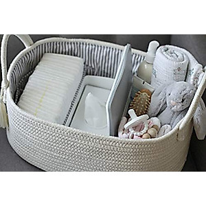 Emmy Baby Co. Rope Diaper Caddy Organizer - Large Nursery Storage Bin - Car Organizer - Baby Shower Basket - with 8 Pockets and Removable Dividers - Creamy White