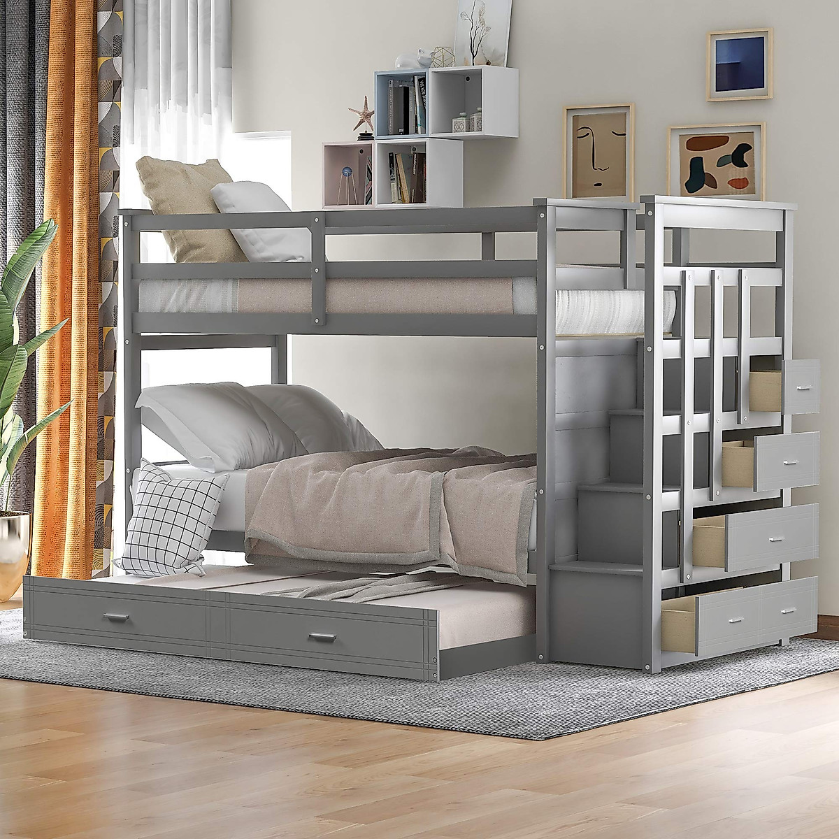 Twin Over Twin Bunk Bed with Twin Size Trundle, Solid Wood Bunk Beds with 4 Storage Drawers, Staircase and Safety Guard Rail, No Box Spring Needed (Gray)