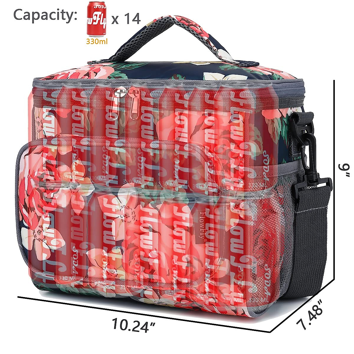 FlowFly Insulated Reusable Lunch Bag Adult Large Lunch Box for Women and Men with Adjustable Shoulder Strap,Front Zipper Pocket and Dual Large Mesh Side Pockets,Peony