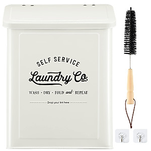 MONJITA Magnetic Lint Bin for Laundry Room, Metal Trash Can with Lid for Dryer, Farmhouse Lint Holder, Laundry Co Sign, Laundry Room Storage Decor with Dryer Lint Brush(White)