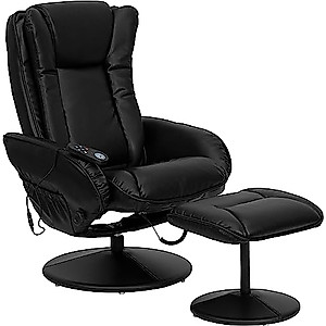 Flash Furniture Poppy Massaging Multi-Position Plush Recliner with Side Pocket and Ottoman in Black LeatherSoft