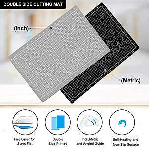Headley Tools 18"x12" Thickened Self Healing Cutting Mat, A3 Rotary Cutting Sewing Mat for Crafts, Double Sided 5-Ply Table Cutting Board for Fabric Quilting Leather Hobby Project, Grey/Black