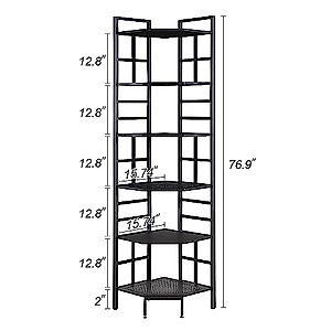 HOMISSUE 6 Tier Industrial Corner Shelf Unit, 76.9” Tall Corner Bookcase Storage Display Organizer Storage Stand for Home Office, Black