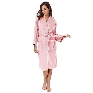SIORO Terry Cloth Robes for Women Cotton Kimono Bathrobe Towel Soft Fuzzy Absorbent Long Sleeve Calf Length Robe Plush Warm Shower Housecoat，Light Pink Small
