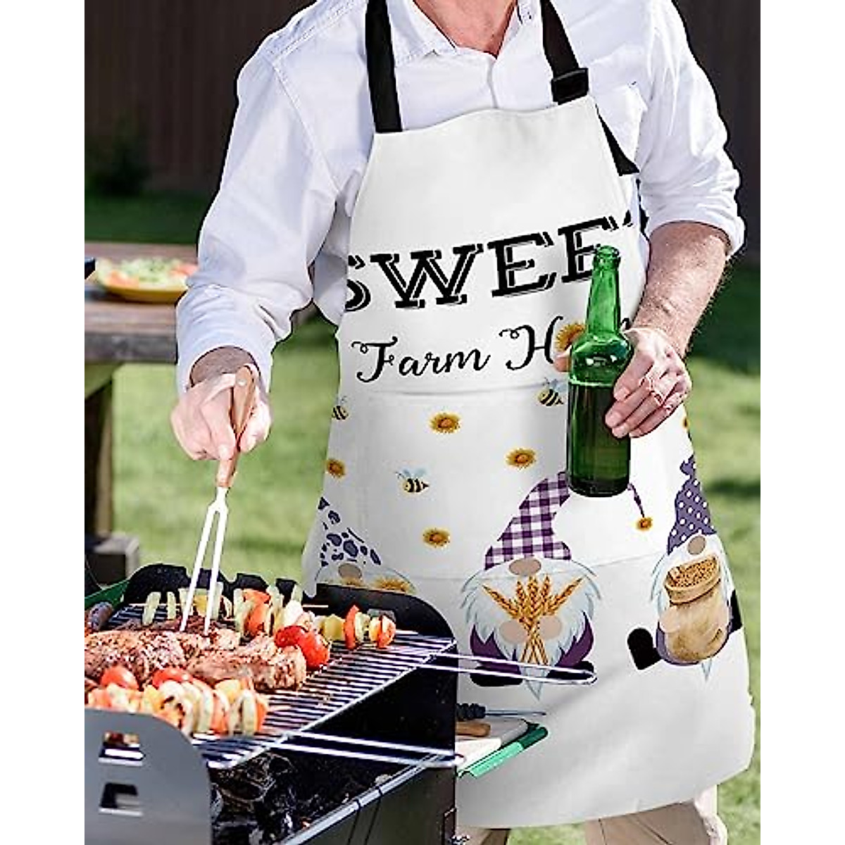 LAMANDA Kitchen Aprons for Women,Gnome Sunflower Bumblebee Buffalo Check Cooking Apron with Pockets Server Aprons Chef Apron for Men