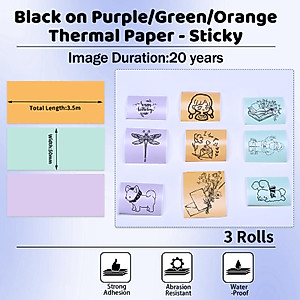 Ponek T02 White Self-Adhesive Paper, Black On White Paper, 50mm x 3.5m, 3 Rolls, Keep for 10 Years and T02/M02X/M02L Purple/Green/Orange Thermal Paper-20-Year Sticky 50mmx3.5m for Journal, 3 Rolls