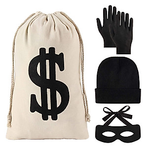 YAROMO 4 Pieces Robber Costume Set, Include Canvas Dollar Sign Money Bags Bandit Eye Mask Knit Beanie Cap for Halloween Cosplay Burglar Theme Party
