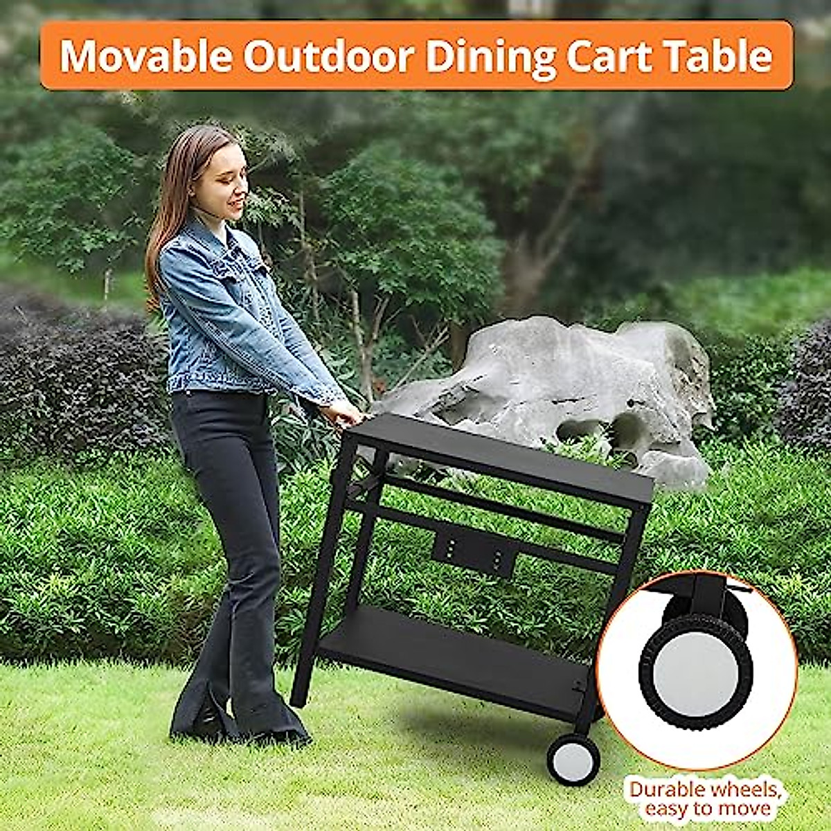 Outdoor Grill Cart Pizza Oven Stand with Foldable Side Table, 33.5" x 19.7", BBQ Prep Table with Wheels & Hooks, Side Handle, Double-Shelf Grilling Cart Tabletop Griddle Cooking Station,Silver