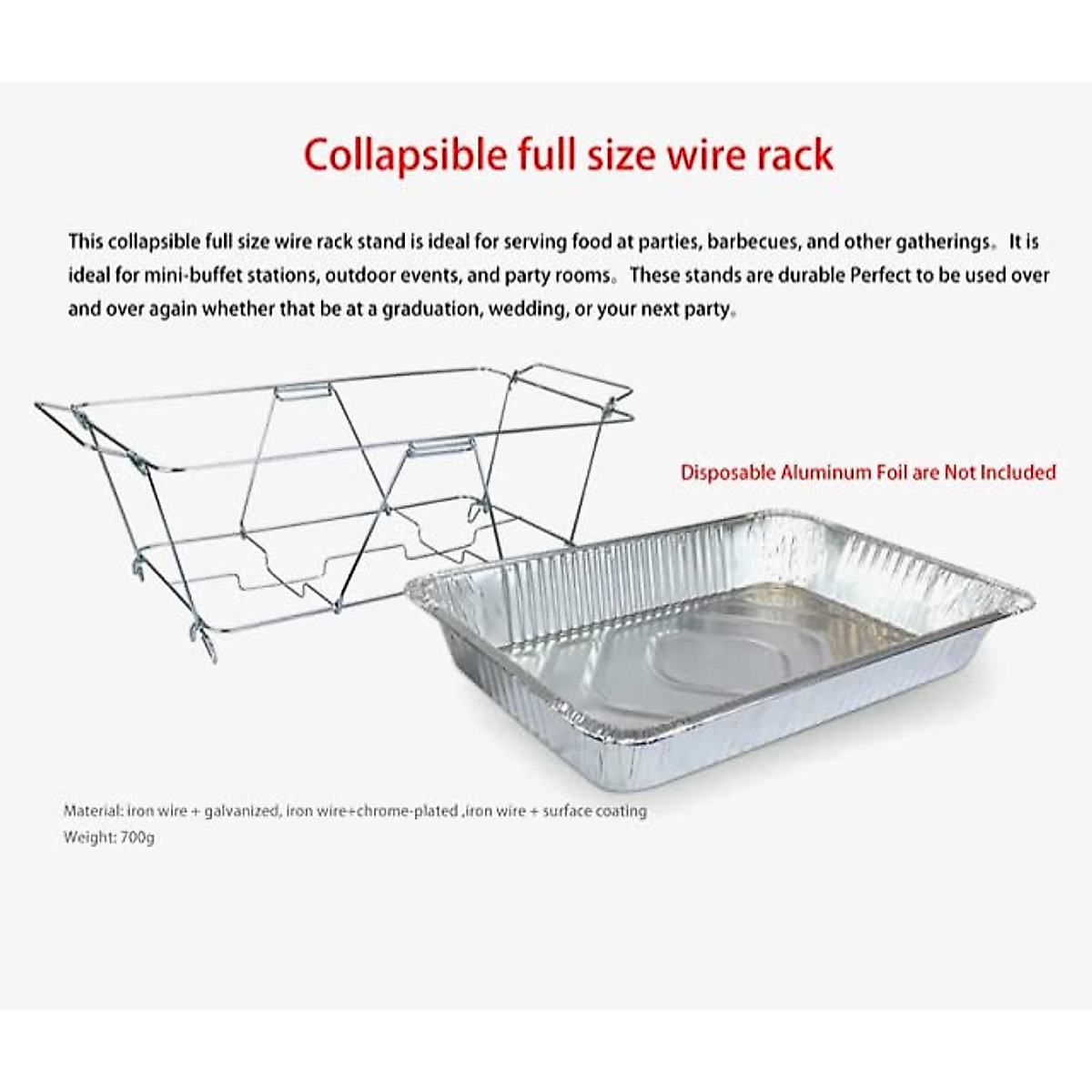 Folding Chafing Food Warmer Wire Rack Chafer Stand Chrome Super Sturdy Foldable Buffet, for use with Disposable Party Accessories
