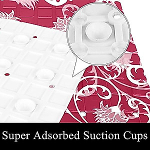 Bath Tub Shower Mat - Anti-Slip PVC Material 15.1x26.8 in, Gentle Cushioning Quick Drying Suction Cups Reliable Solution - Chrysanthemum Pattern - Red Non-Slip Floor Mat