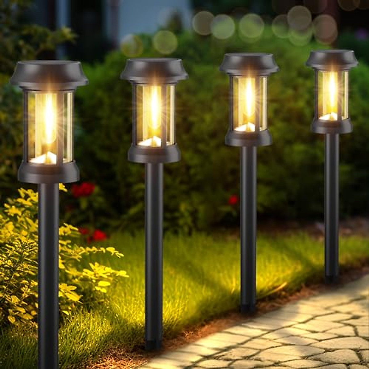 Solar Pathway Lights - 8 Pack, Glass & Metal Solar Powered Outdoor Lights, 10 Hours of Lighting for Garden, Yard, Driveway, Path, Landscape Decor (Black)