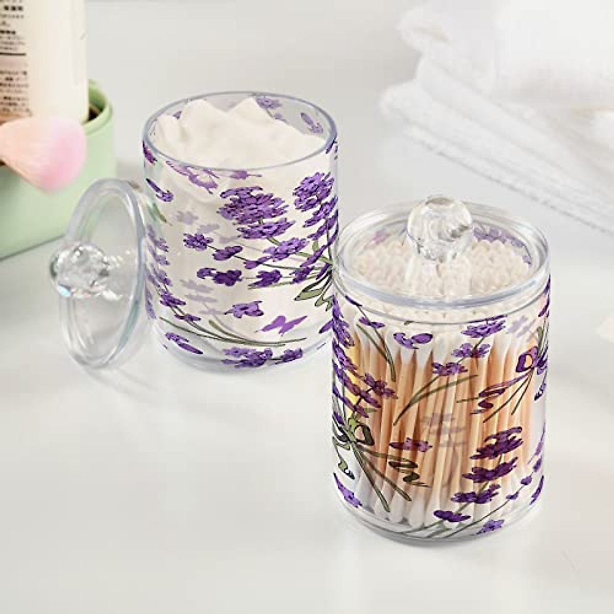 xigua Purple Flowers 2 Pack Qtip Holder Dispenser with Lid,Apothecary Jars Plastic Cotton Swabs Cans Clear Bathroom Storage Canister for Cotton Ball, Cotton Swab, Cotton Round Pads, Floss389