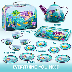 JOYIN Mermaid Tea Set for Toddlers Tea Party Set for Children Kids Pretend Role Play Tin Teapot Set with Cups, Plates and Carrying Case Kitchen Toy for Little Girls Birthday Gifts Age 3 4 5 6